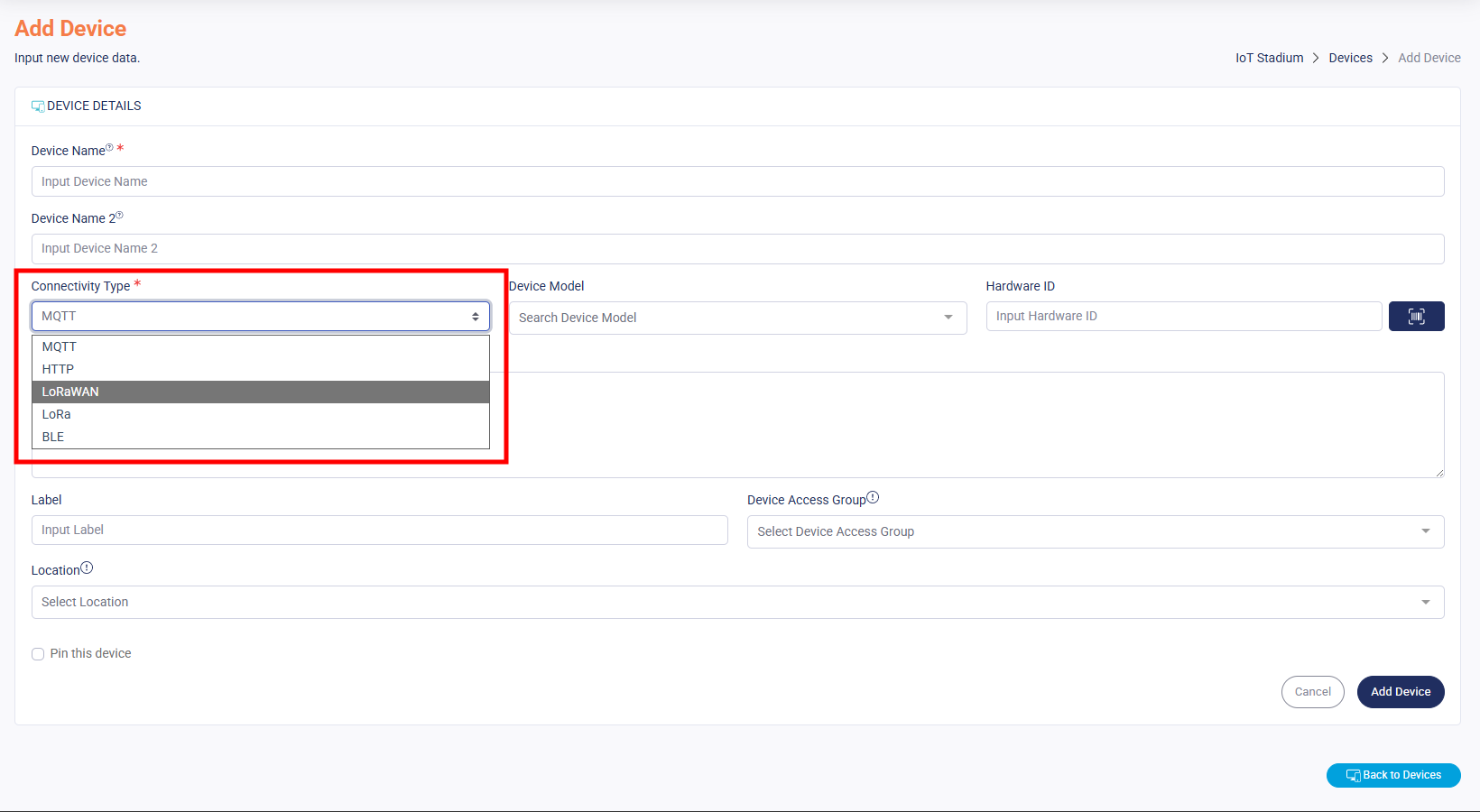 Add New LoRaWAN Device - IoT Stadium